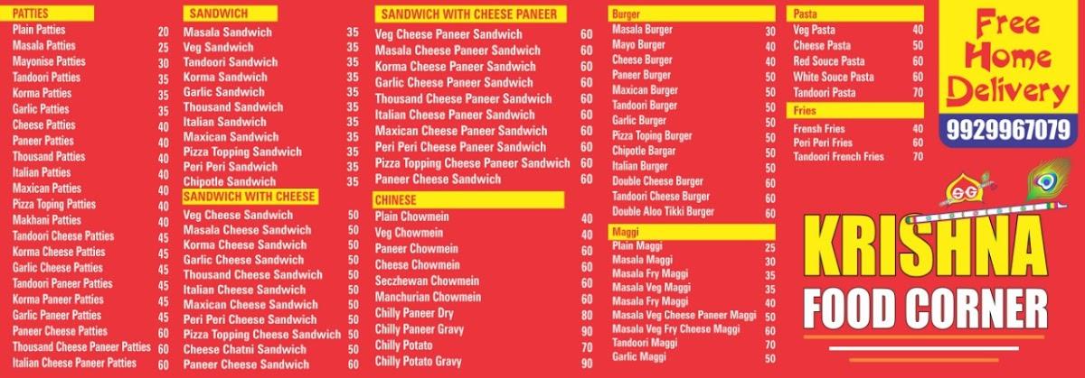 Menu at Krishna Food Corner, Kota, shop no.3