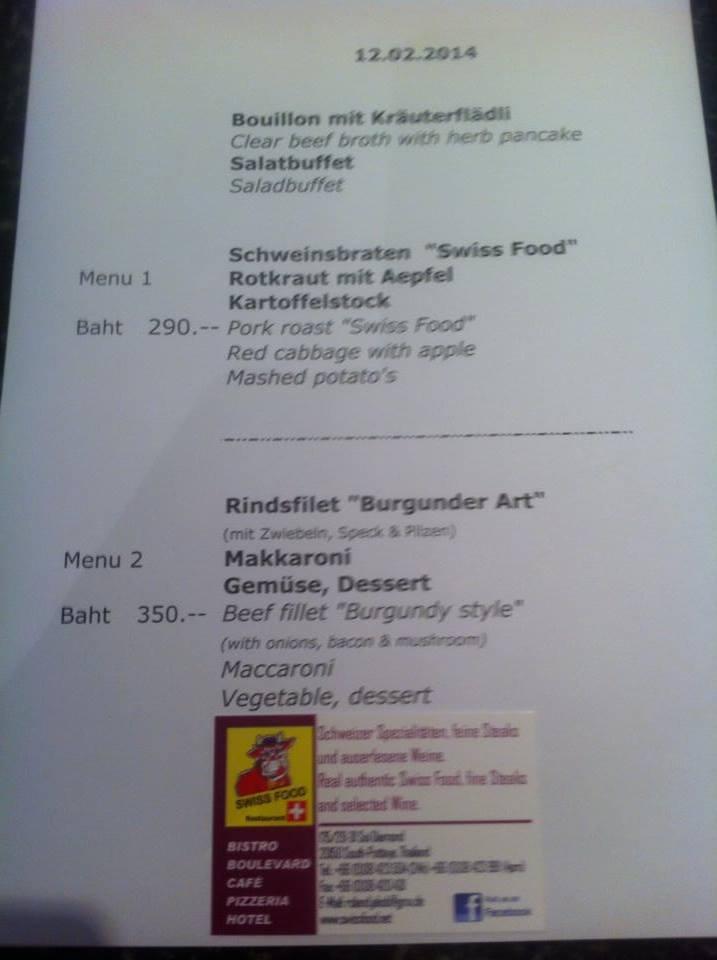 Menu at Swiss Food Restaurant and Hotel, Pattaya City
