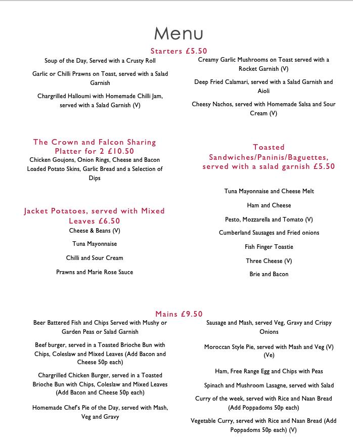 Menu at The Crown & Falcon pub & bar, Puckeridge