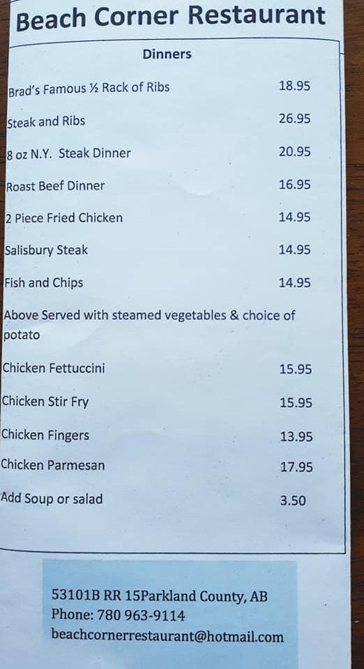 Menu at Beach Corner Restaurant, Stony Plain