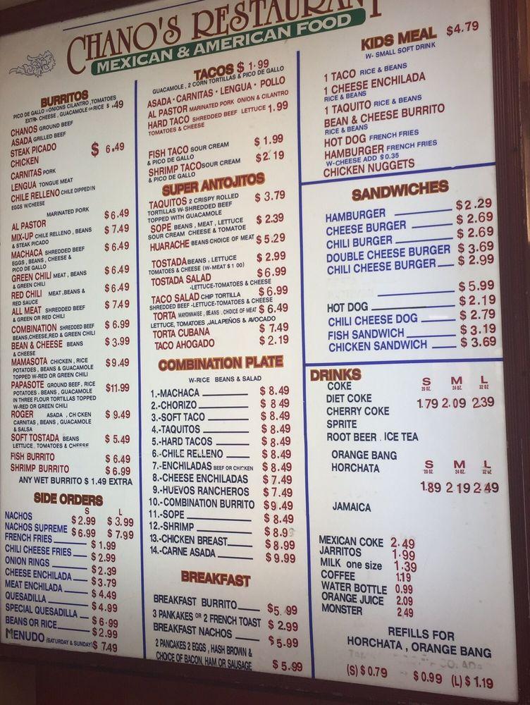 Menu at Chanos Drive-In restaurant, San Gabriel