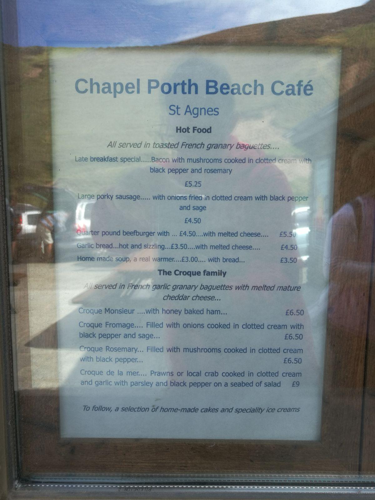 Menu at Chapel Porth Beach Cafe, Saint Agnes, Chapel Porth