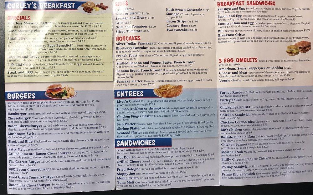 Menu at Curley's Cafe, Little River