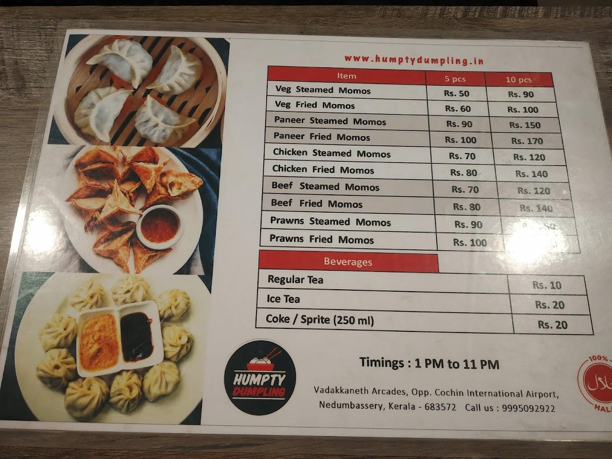 Menu at Humpty Dumpling, Angamaly