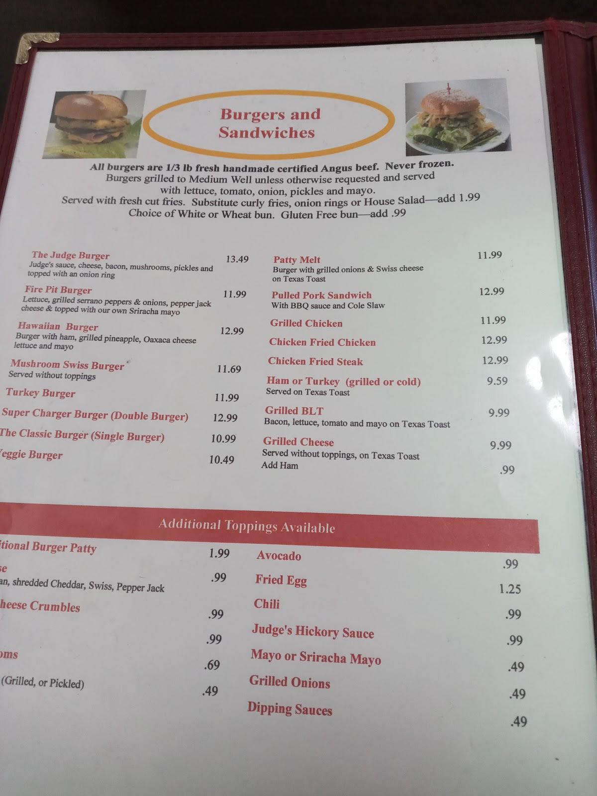 Menu at Judge's Char-Grill restaurant, Woodland Park