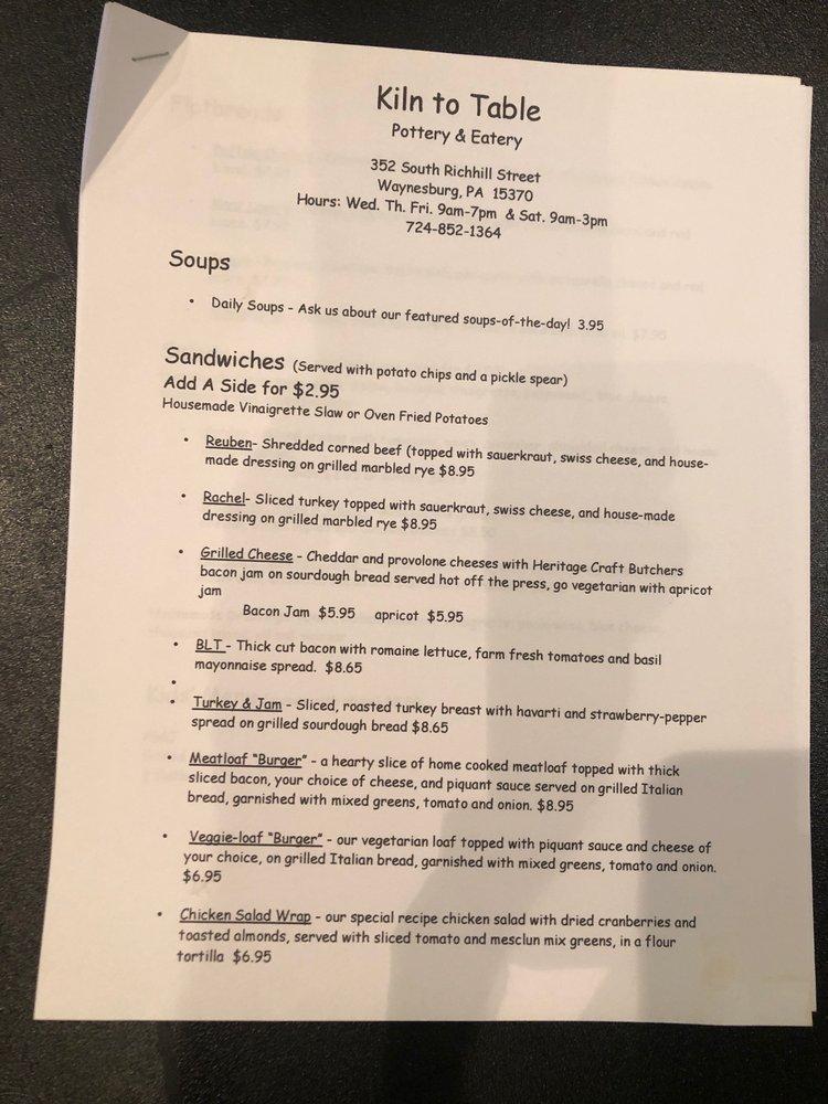 Menu at Kiln to Table cafe, Waynesburg
