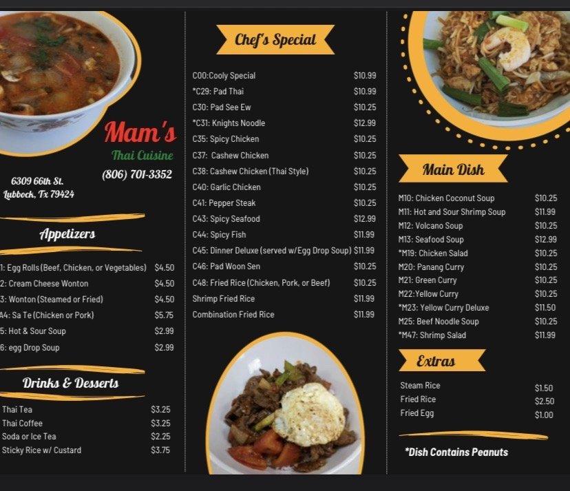 Menu at Mam’s Thai Cuisine restaurant, Lubbock