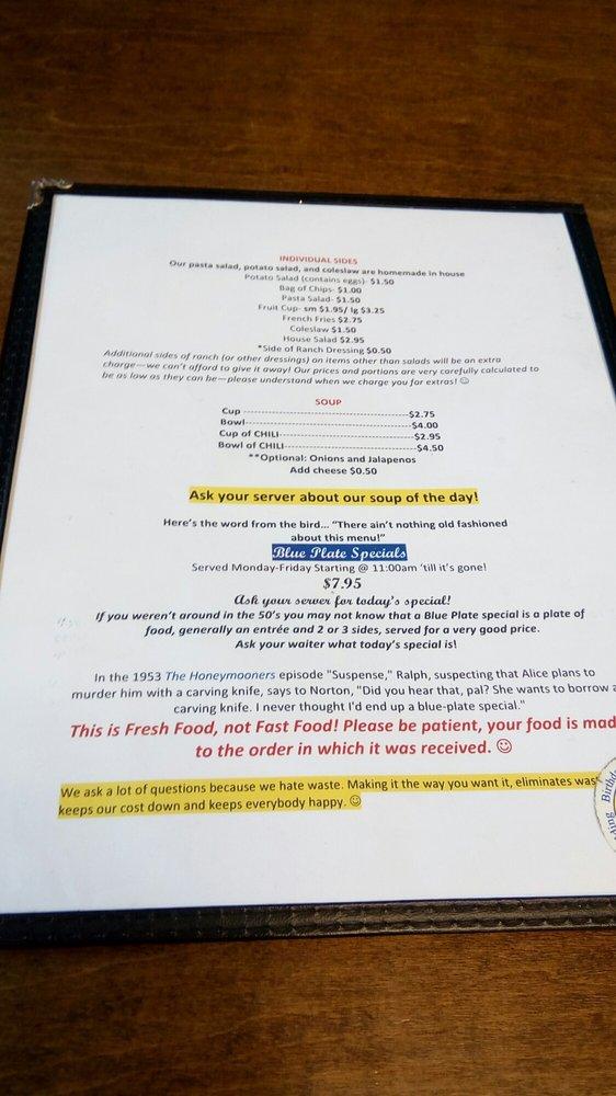 Menu at Paw Paw's cafe, Garland