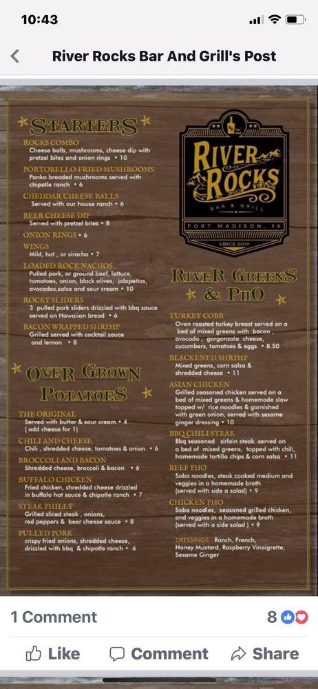 Menu at River Rocks Bar, Fort Madison