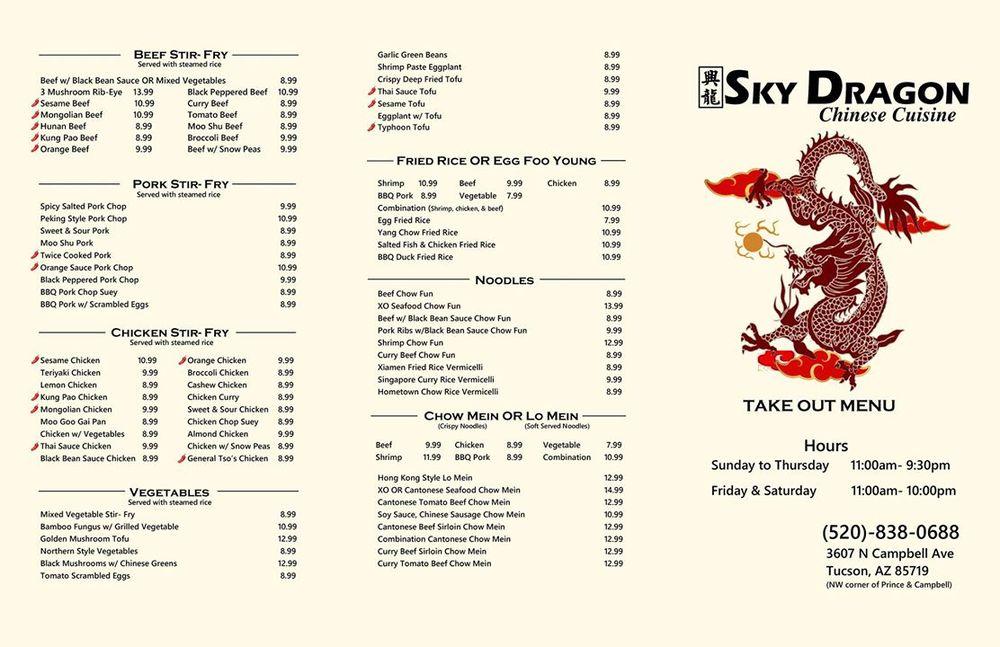 Menu at Sky Dragon Chinese Cuisine restaurant, Tucson