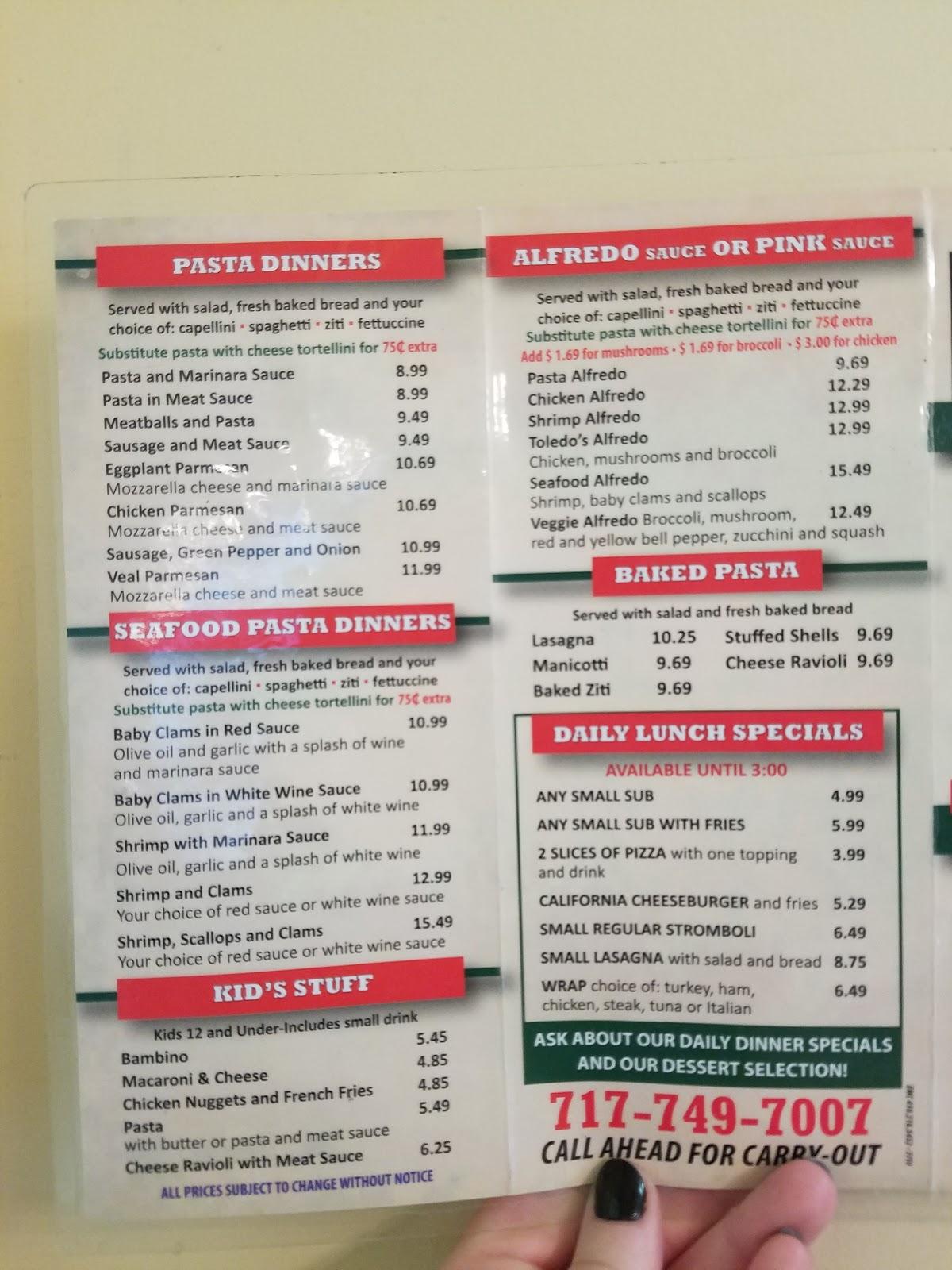 Menu at Toledo's Pizza & Italian Restaurant, Waynesboro
