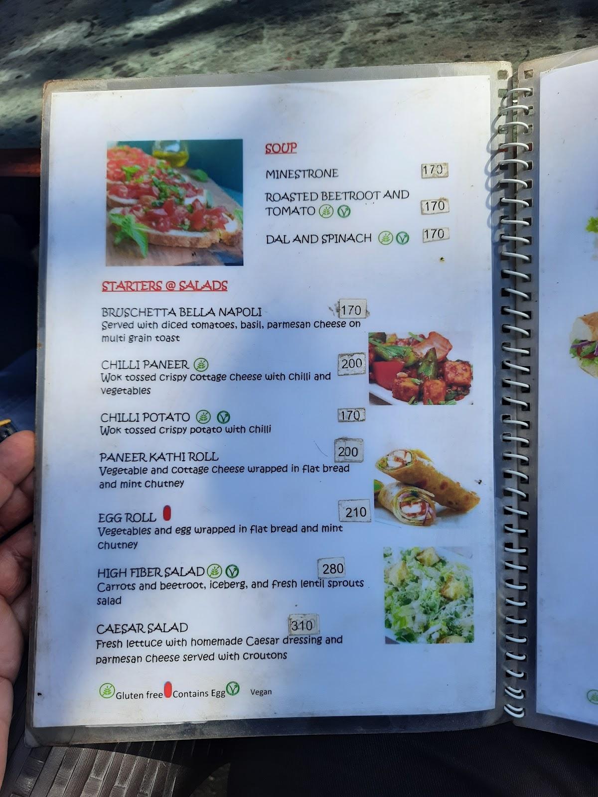 Menu at Vj's giardino by the Ganges, Rishikesh, Badrinath road