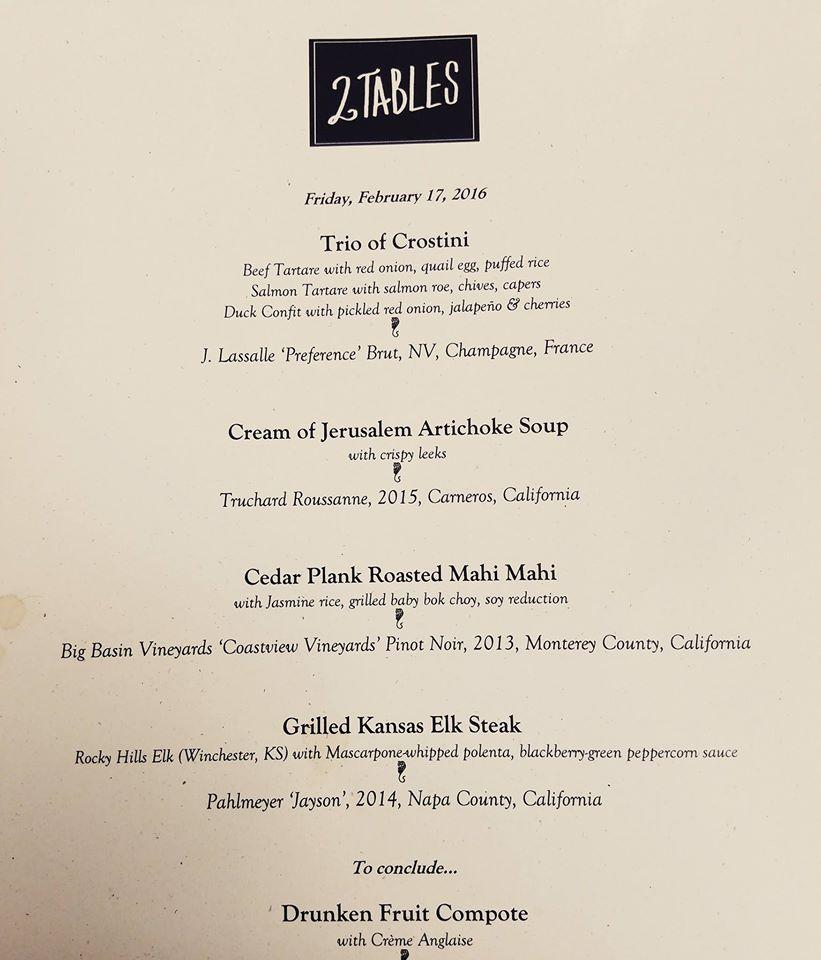 Menu at 2 Tables restaurant, Lawrence