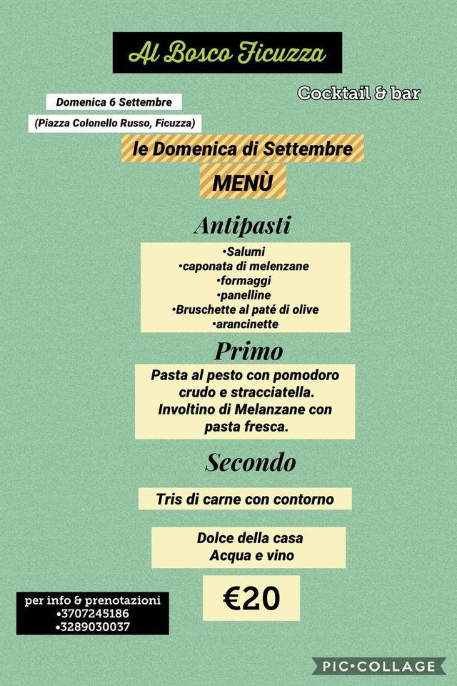 Menu da Bar Bosco Ficuzza, Ficuzza