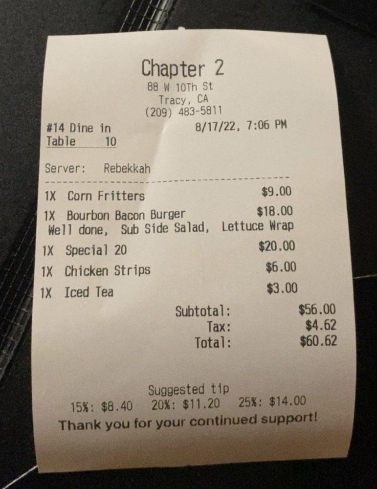 Menu at Chapter 2 restaurant, Tracy