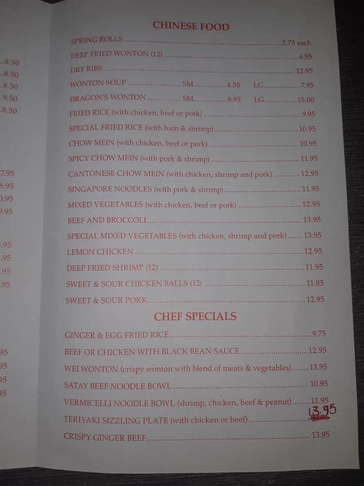 Menu at Dragon's Diner restaurant, Delisle