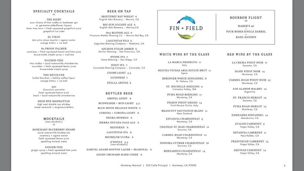 Menu at Fin + Field Restaurant and Bar, Monterey