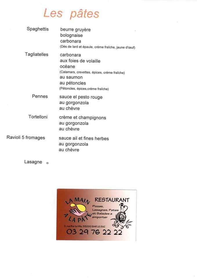 Menu au La main à la pâte restaurant, Bar-le-Duc