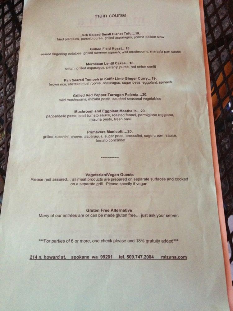 Menu at Mizuna Restaurant and Wine Bar, Spokane