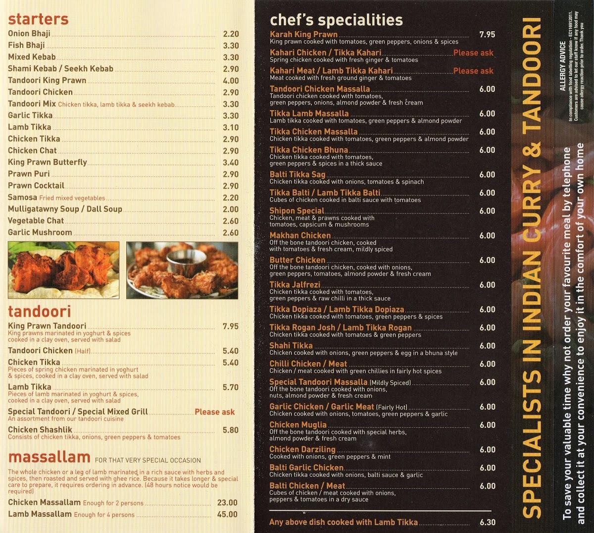 Menu at Shipon Tandoori fast food, Chesterfield