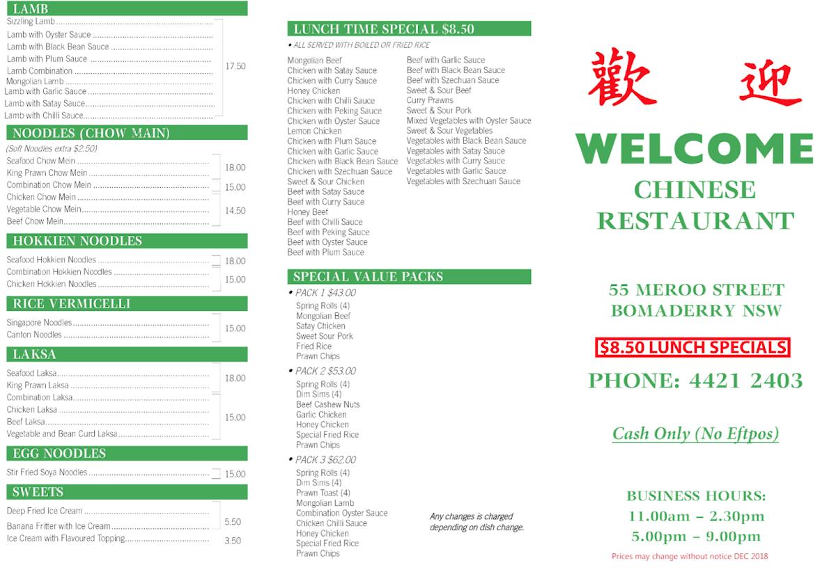 Menu at Welcome Chinese Restaurant Bomaderry, Bomaderry
