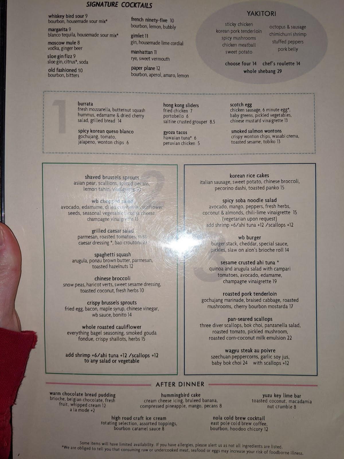 Menu at Whiskey Bird restaurant, Atlanta