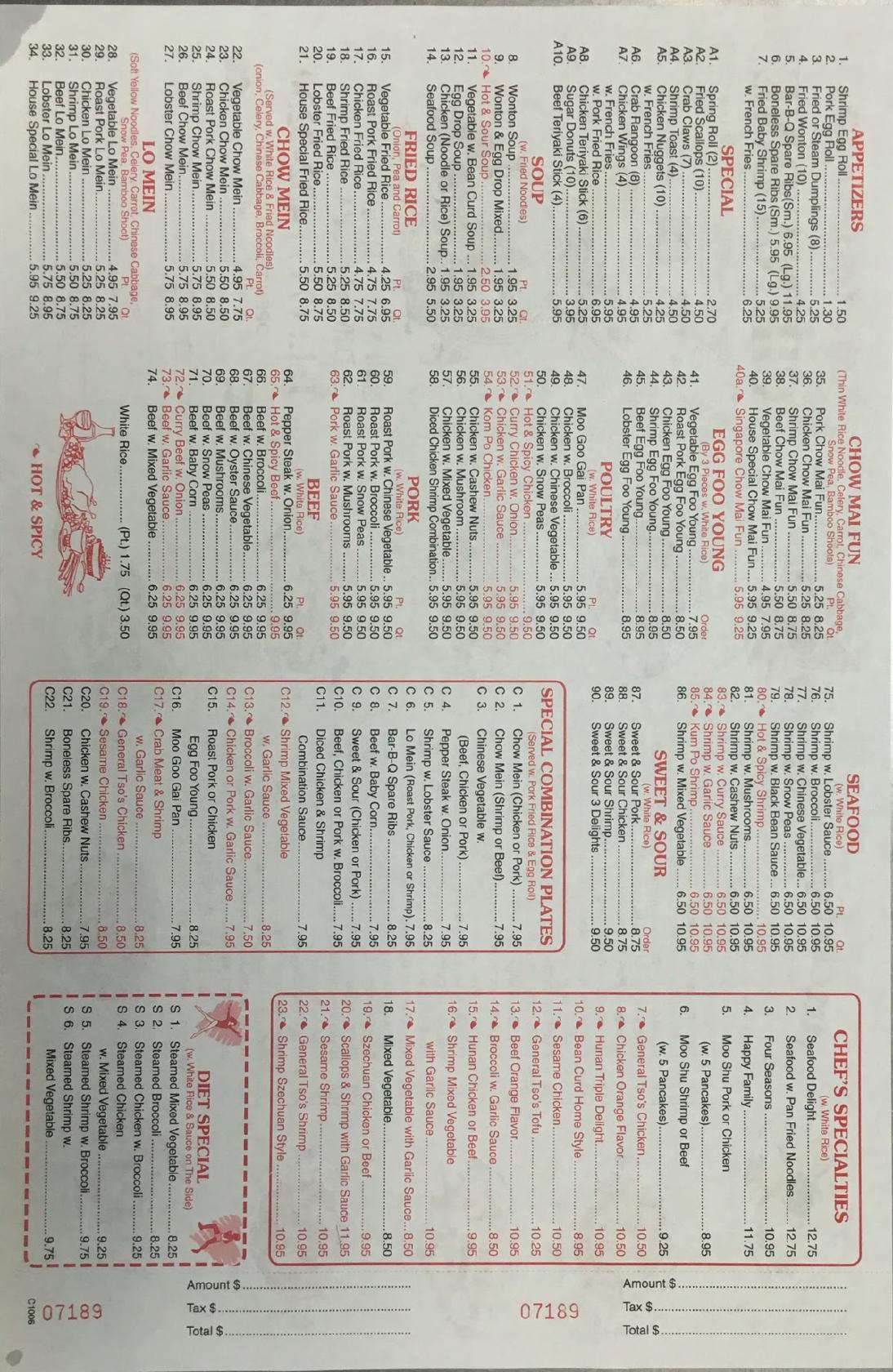 Menu at China One restaurant, Dillsburg, 840 N U.S. 15