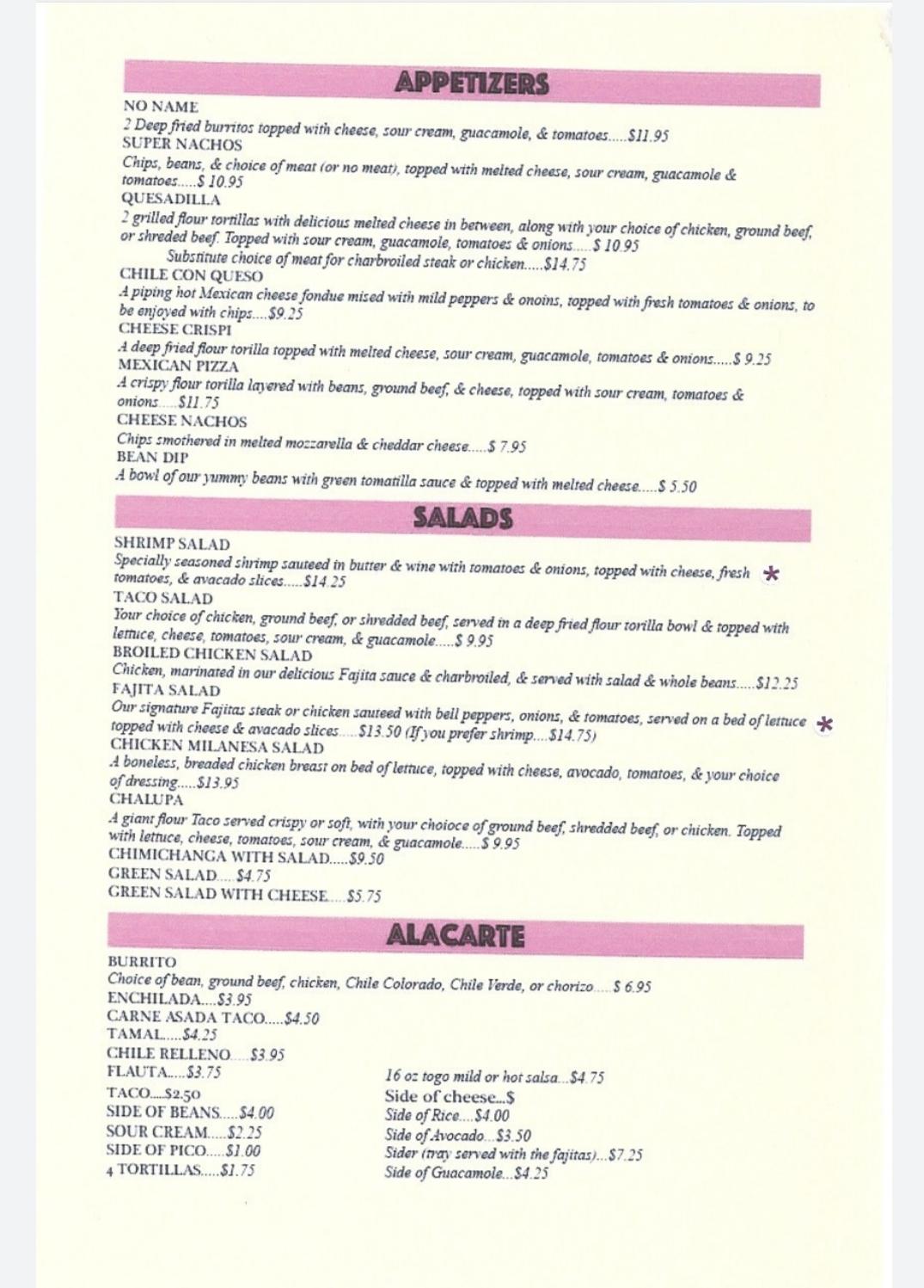 Menu at Ixtapa Restaurant, Sultan