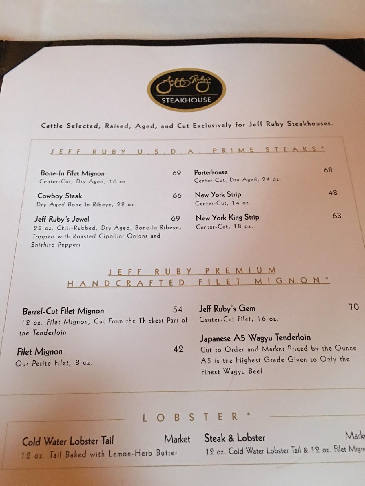 Menu at Jeff Ruby's Steakhouse, Cincinnati, 700 Walnut St