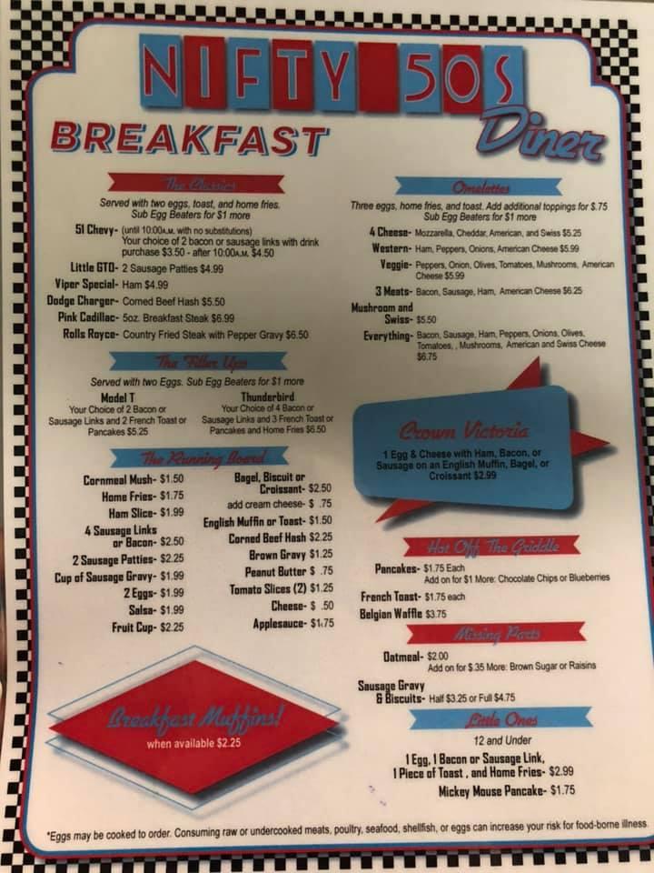 Menu at Nifty Fifty Diner restaurant, Madison