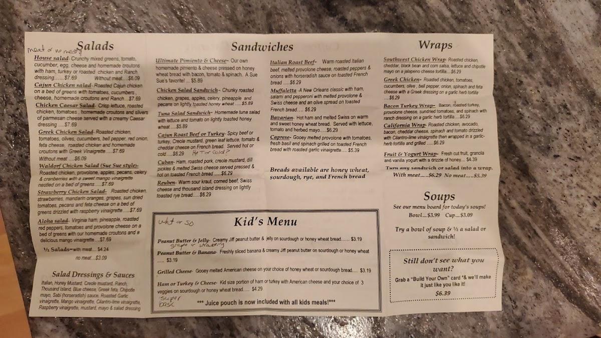 Menu at Sue Sue's Sandwich Shop restaurant, Lawrenceburg