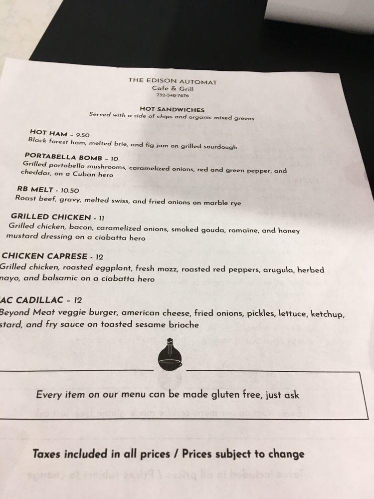 Menu at The Edison Automat cafe, Edison