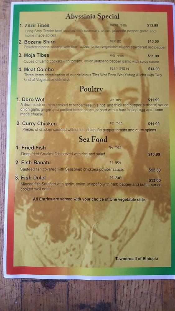 Menu at Abyssinia Ethiopian Restaurant and Bar, Denver, E Colfax Ave