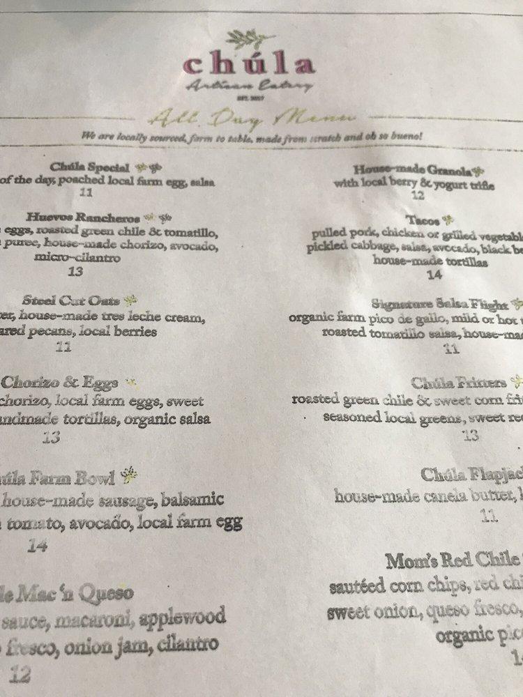 Menu at Chula Artisan Eatery cafe, La Quinta