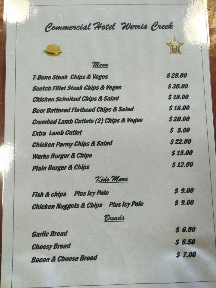 Menu at Commercial Hotel Motel pub & bar, Werris Creek