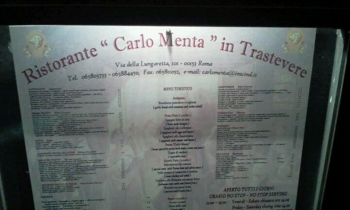 Menu at Ristorante Carlo Menta, Rome, Via della Lungaretta