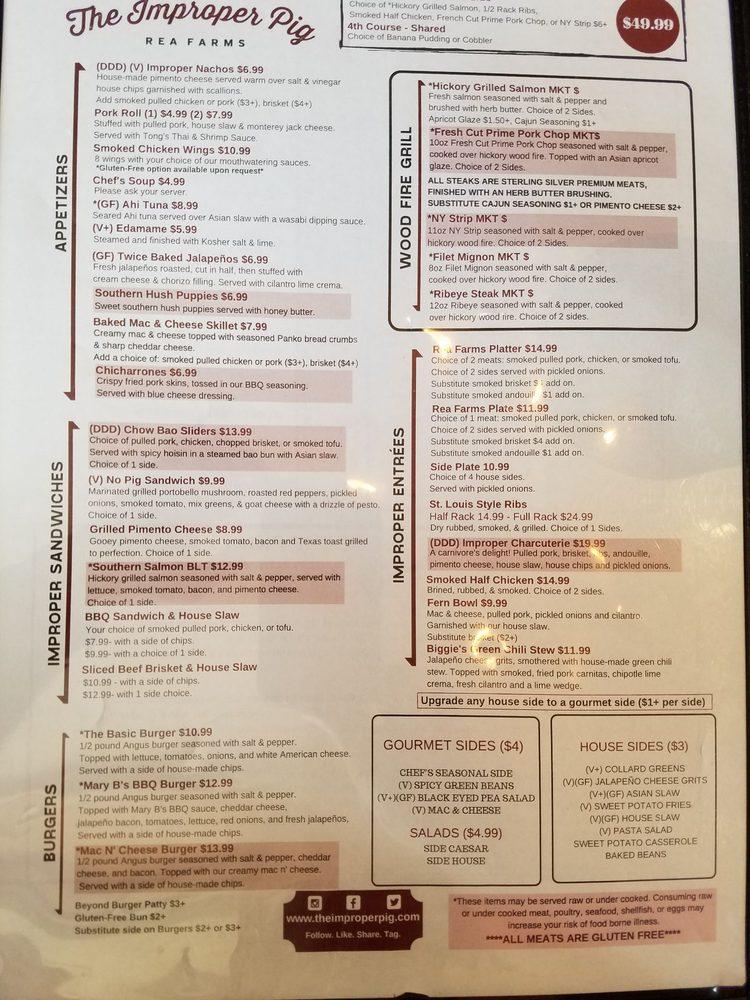 Menu at The Improper Pig @ Rea Farms BBQ, Charlotte, Sandy Rock Pl A