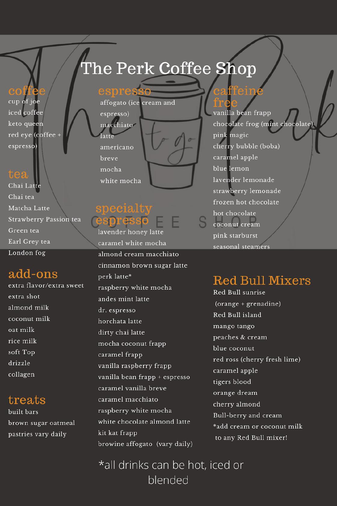 Menu at The Perk Coffee Shop cafe, Ephraim
