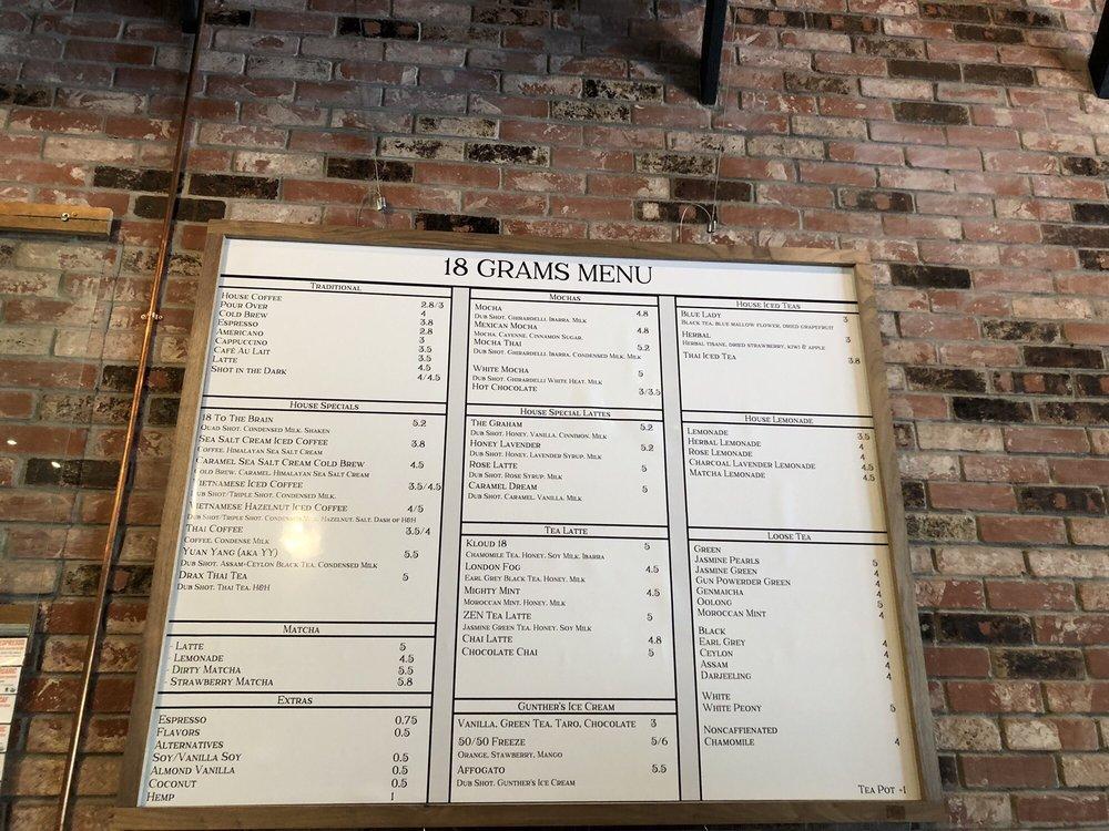 Menu at 18 Grams Coffee & Tea cafe, Elk Grove