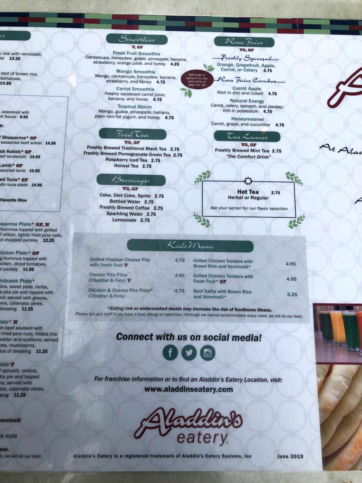 Menu at Aladdin's Eatery Highland Square restaurant, Akron, 782 W Market St