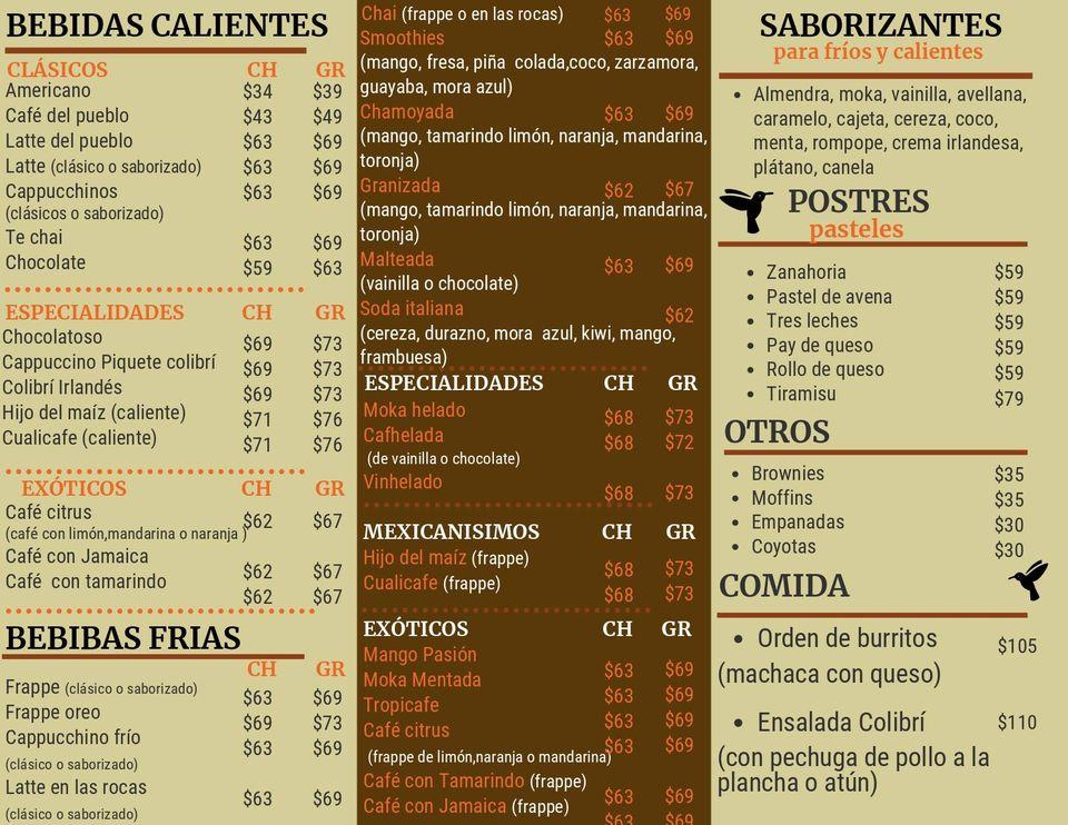 Carta de Café Colibrí, Mexicali, Av. Justo Sierra esq Avenida República ...