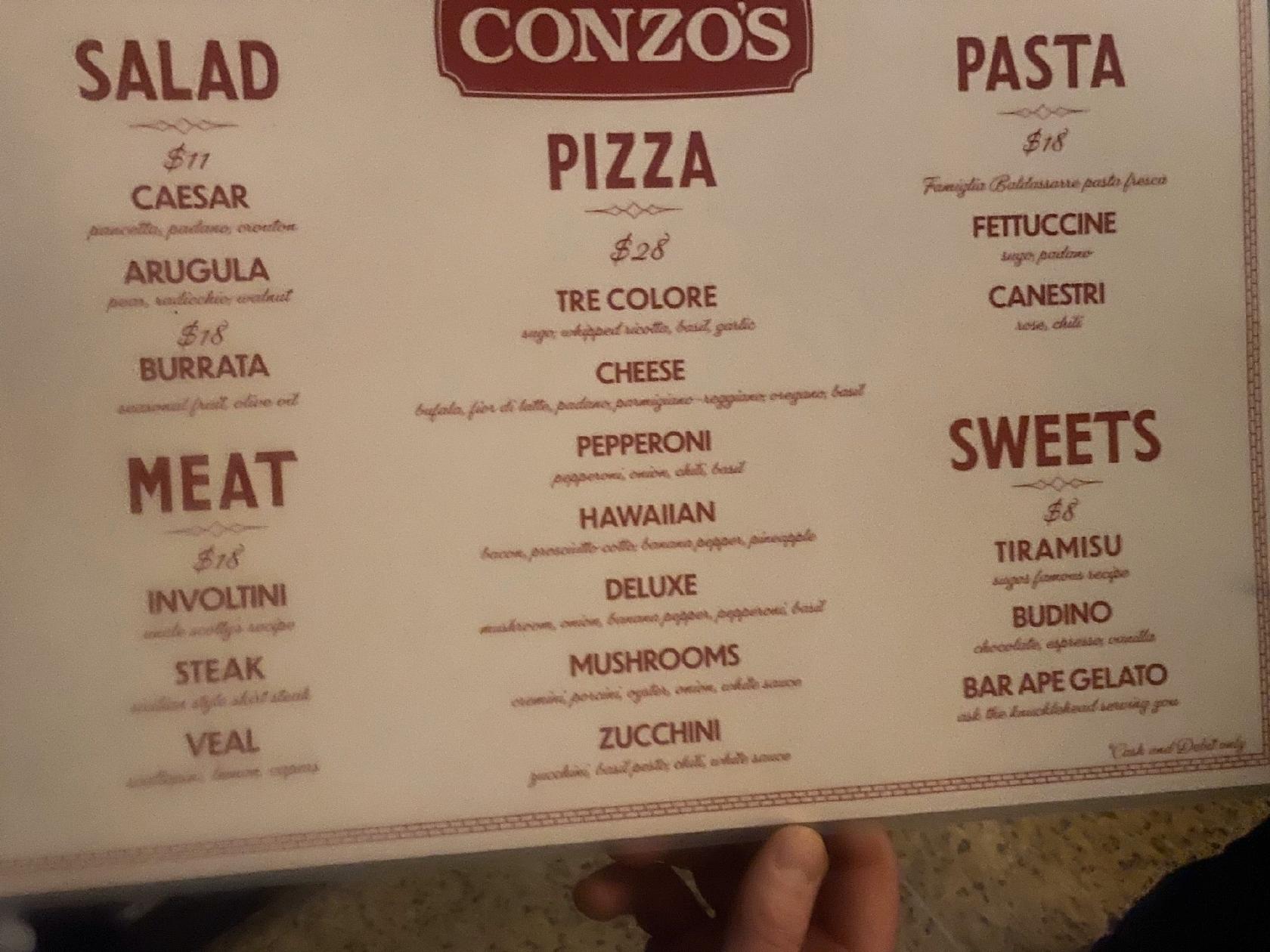 Menu at Conzo’s pizzeria, Toronto