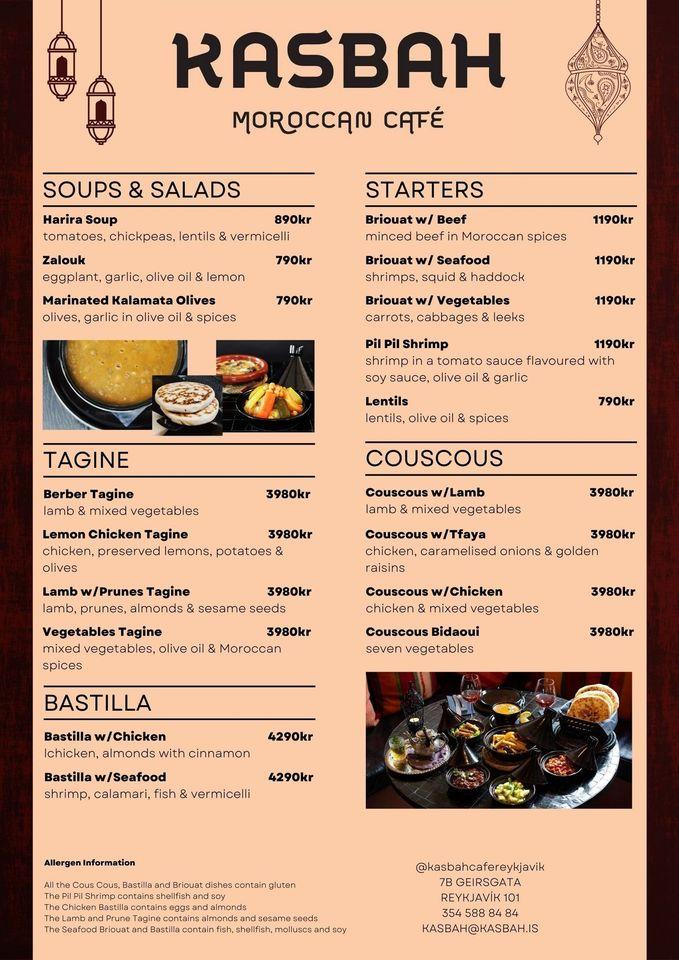 Menu at Kasbah restaurant, Reykjavík