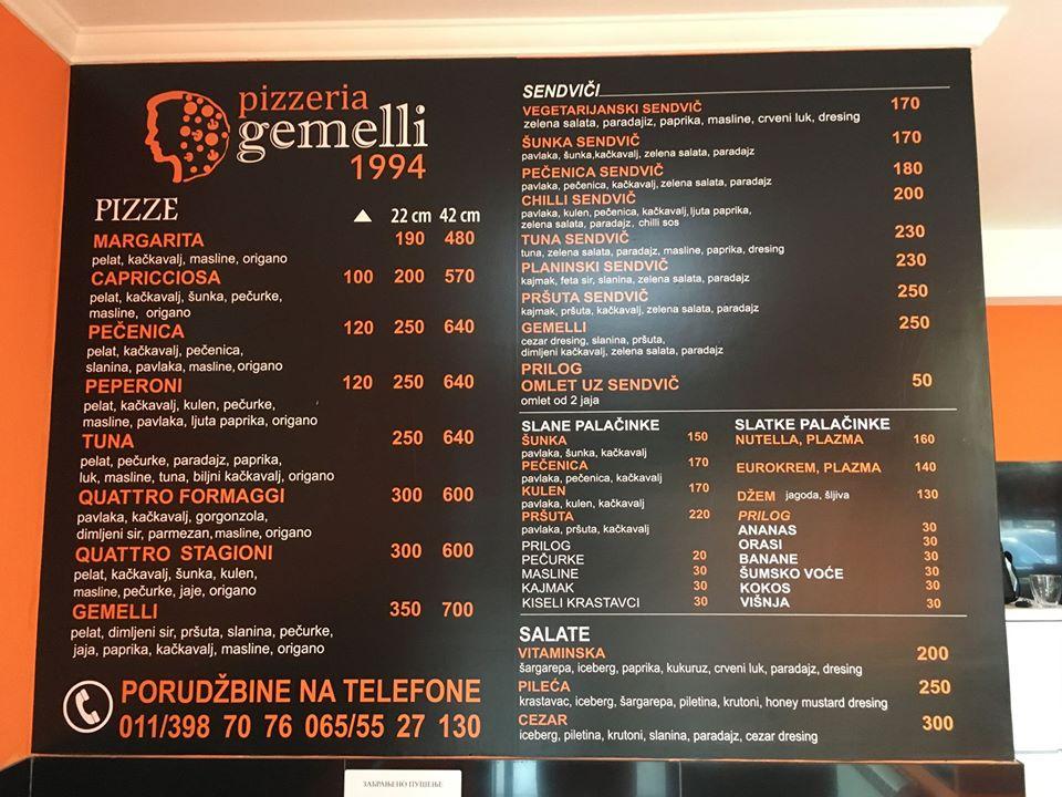 Menu at Pizzeria Gemelli 1994, Belgrade