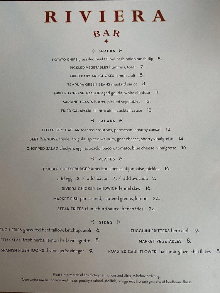 Menu at Riviera Bar, Santa Barbara