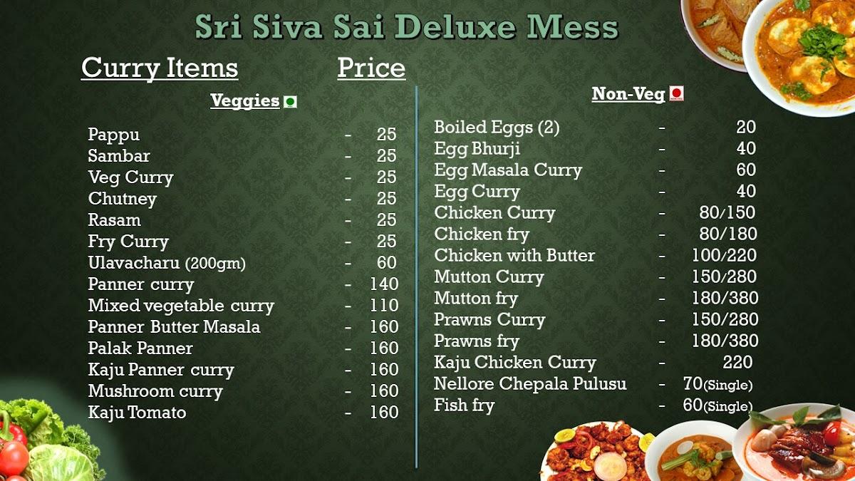 Menu at Sri Siva Sai Deluxe Mess, Hyderabad