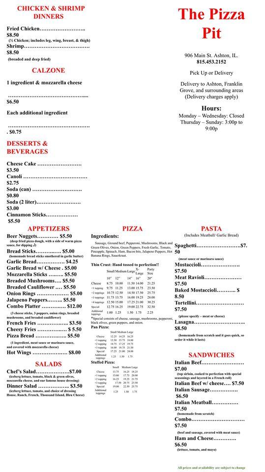 Carta de pizzería The Pizza Pit, Ashton