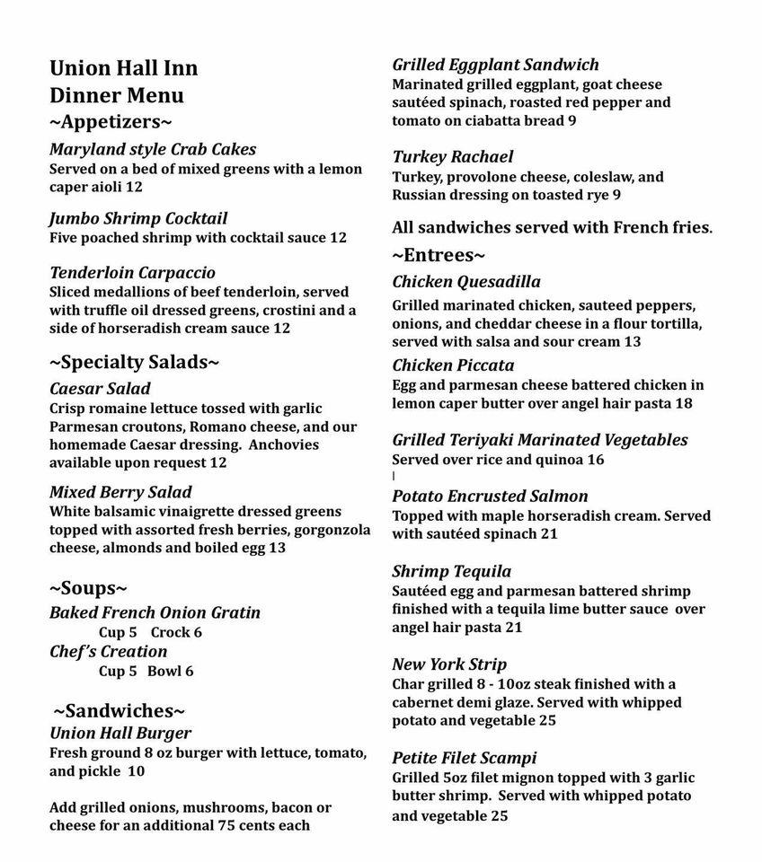 Menu at Union Hall Inn Restaurant & Catering, Johnstown