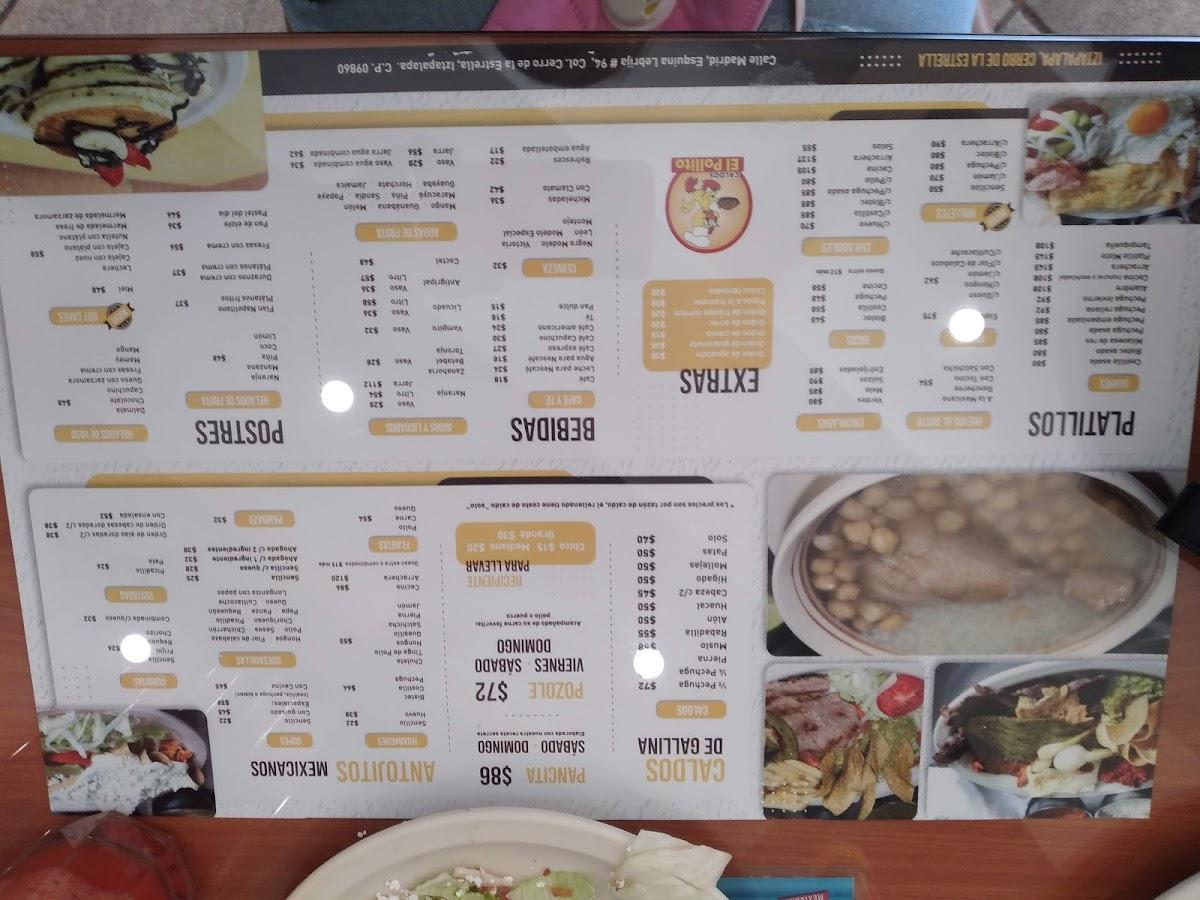 Carta del restaurante El Pollito, Ciudad del México, Lebrija esquina con