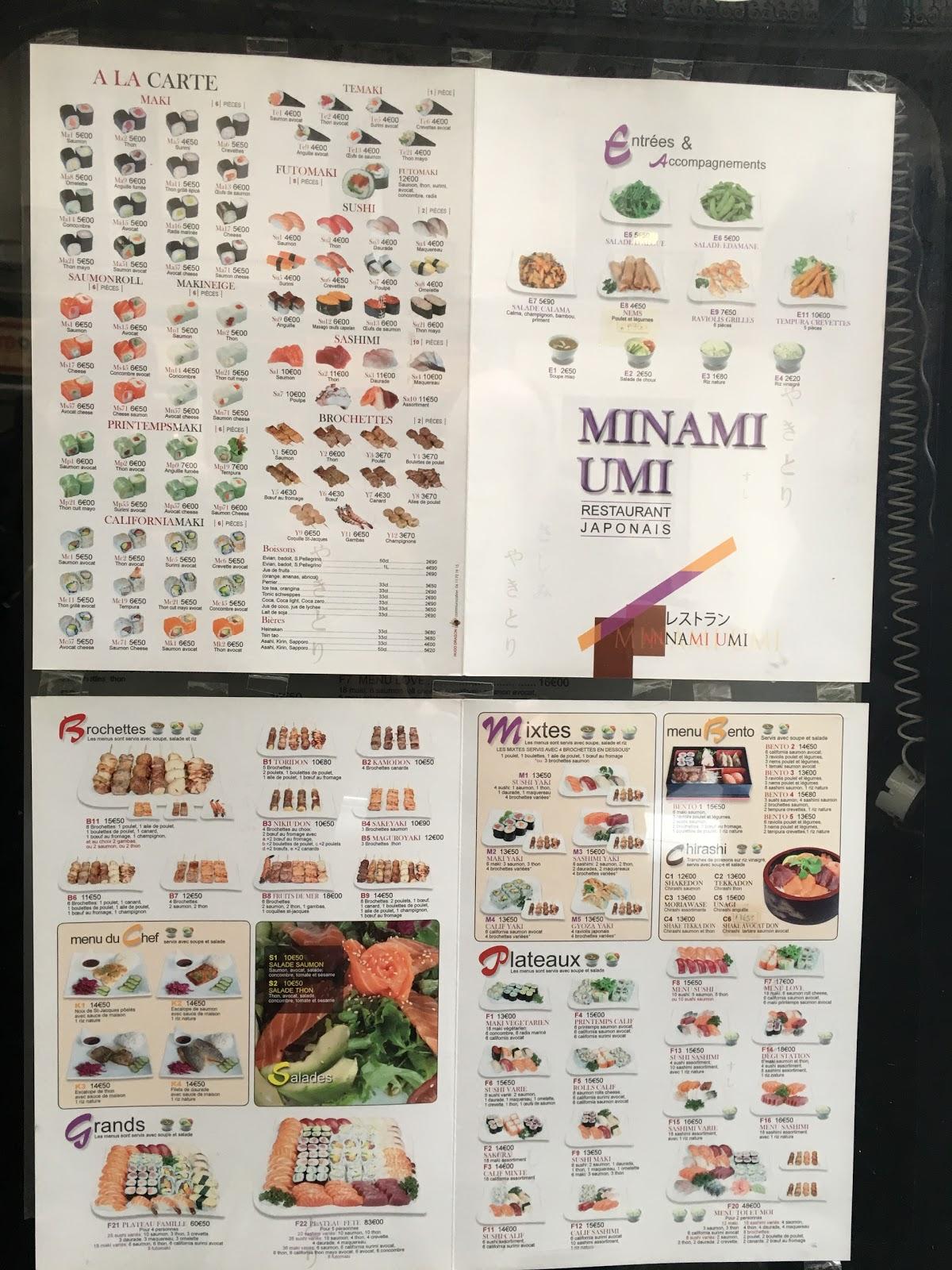 Menu at Minami Umi restaurant, Paris